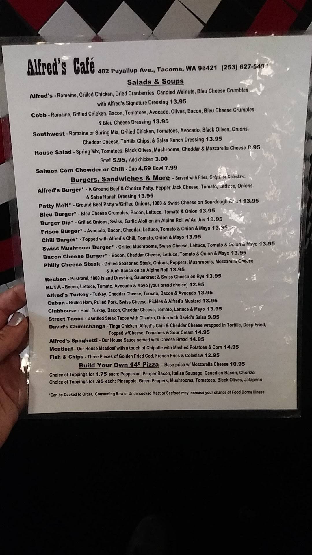 Menu at Alfred's Cafe, Tacoma