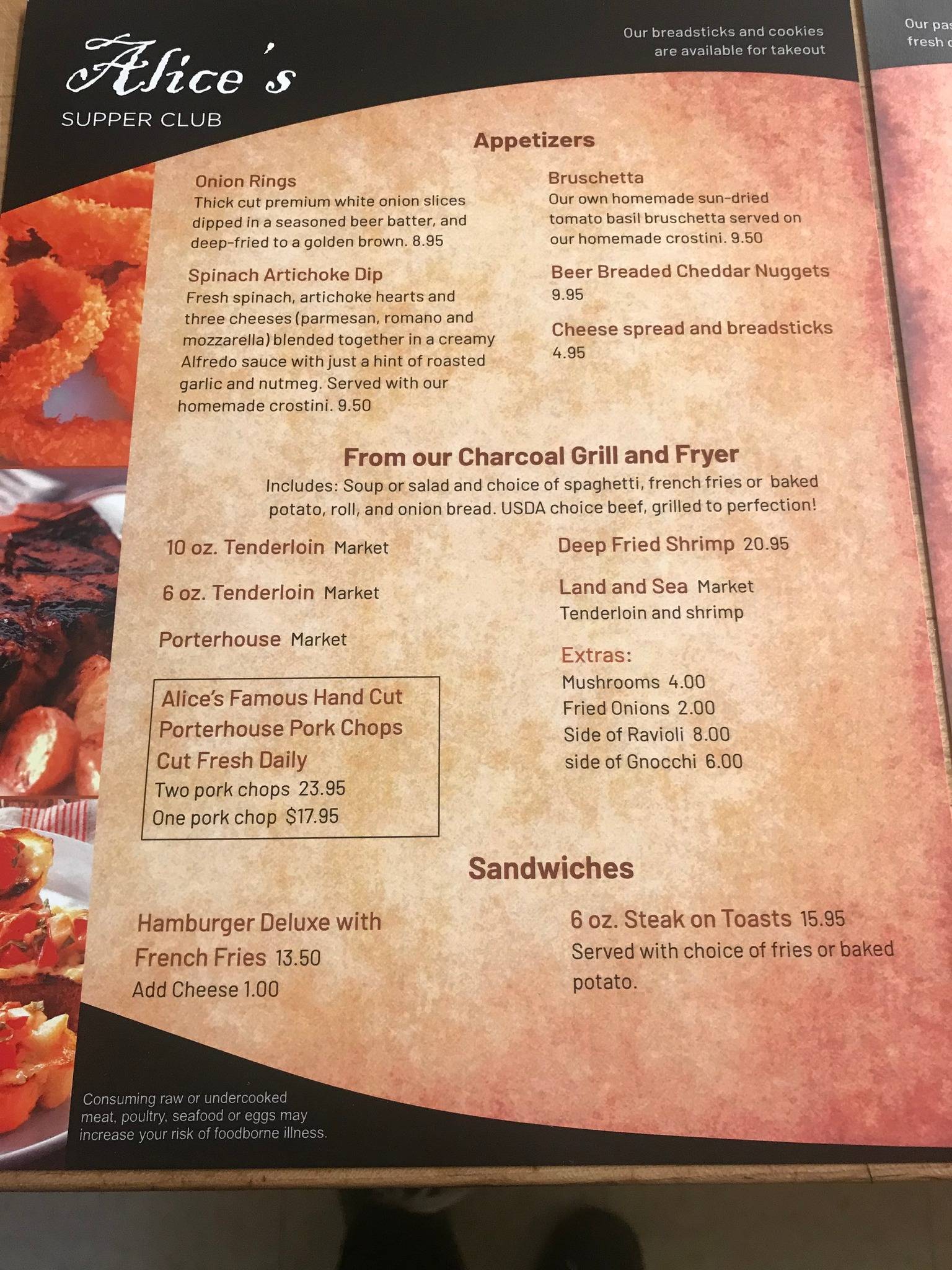 Menu at Alice's Supper Club, Iron River