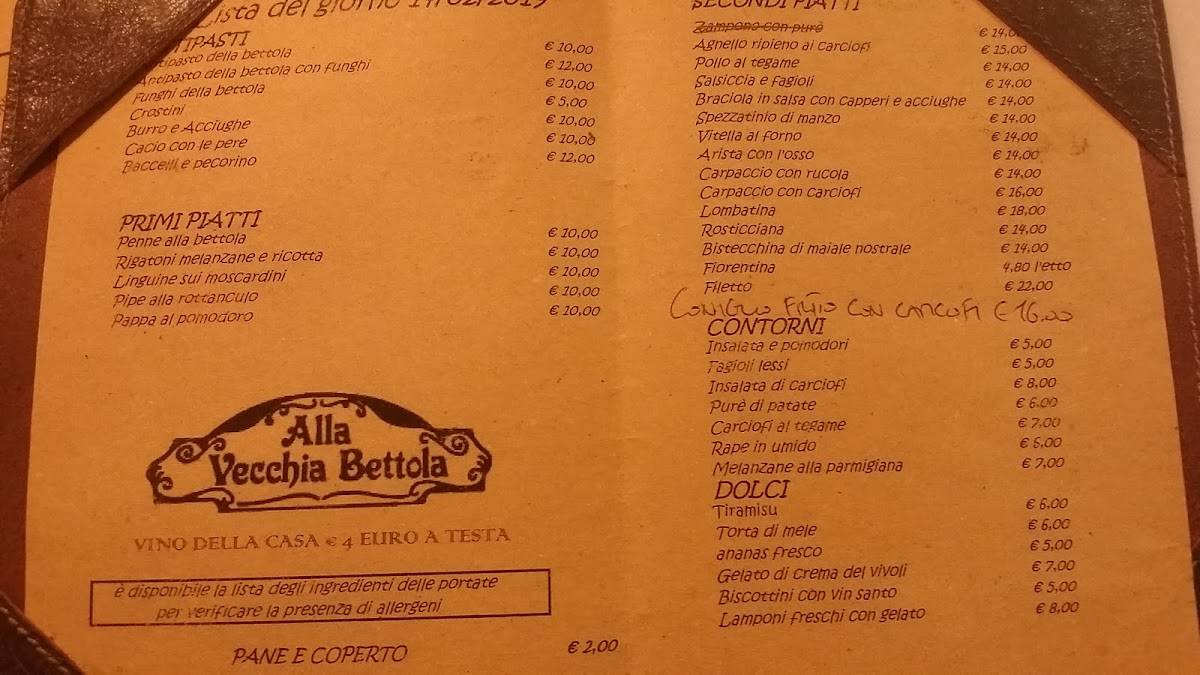 Menu at Alla Vecchia Bettola restaurant, Florence