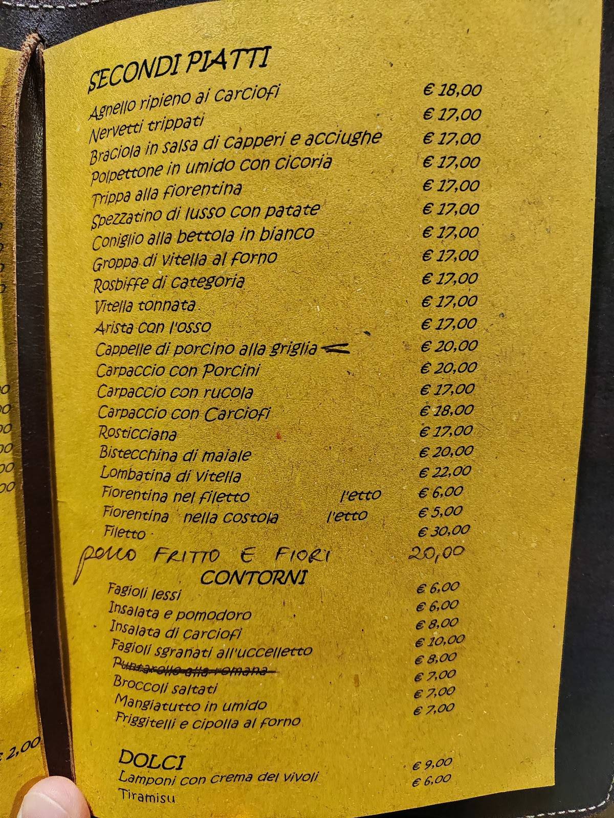 Menu at Alla Vecchia Bettola restaurant, Florence