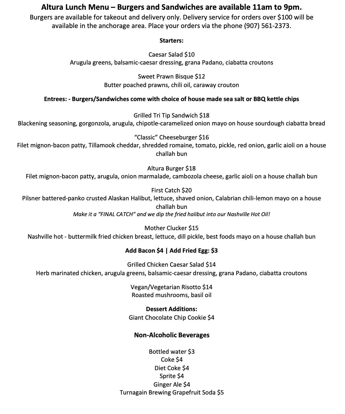 Menu at Altura Bistro steakhouse, Anchorage