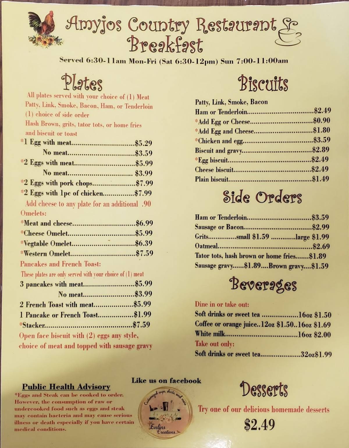 Menu at Amy Jo's Country Restaurant, Wilson, Nash St N