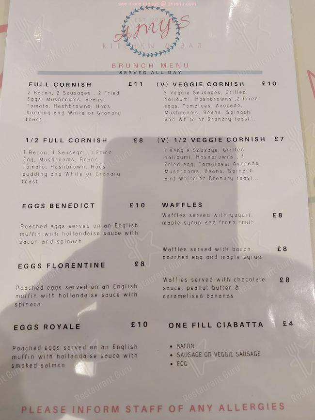 Menu at Amy's Kitchen and Bar, Redruth