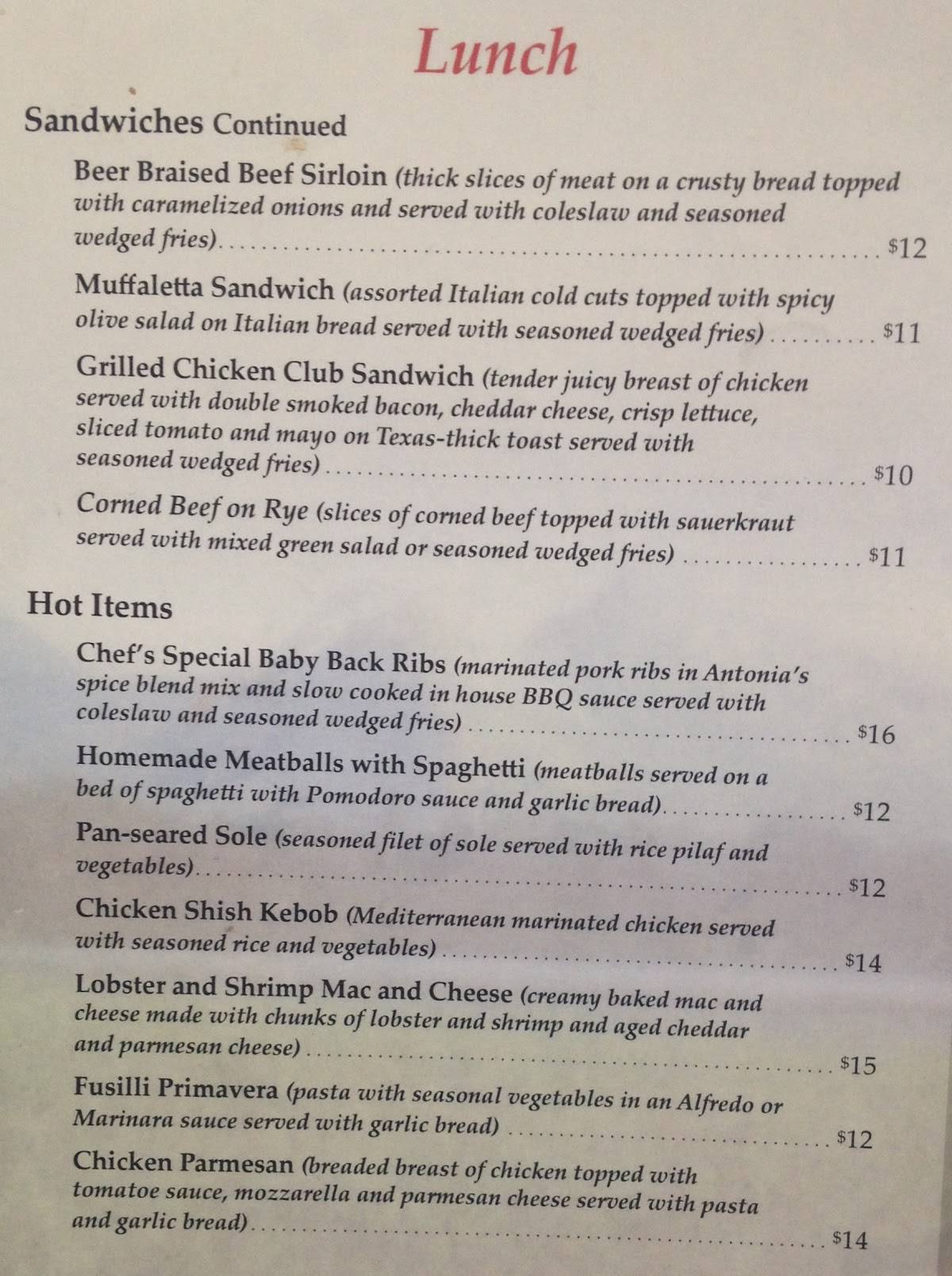 Menu at Antonia's Bistro restaurant, Campbellford