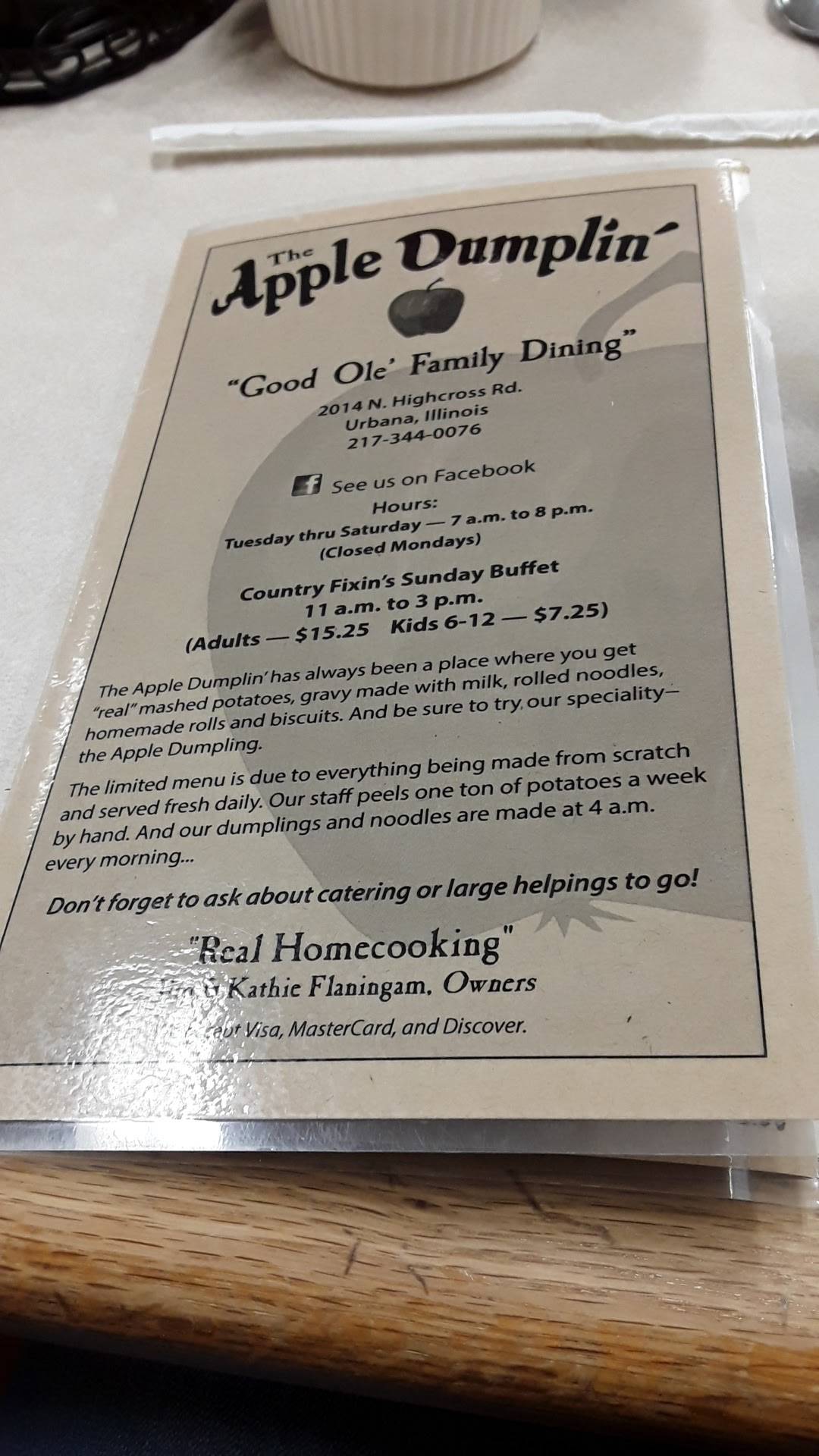 Menu at Apple Dumpling restaurant, Urbana