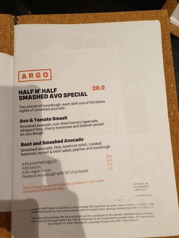 Menu at Argo on the Parade pub & bar, Norwood