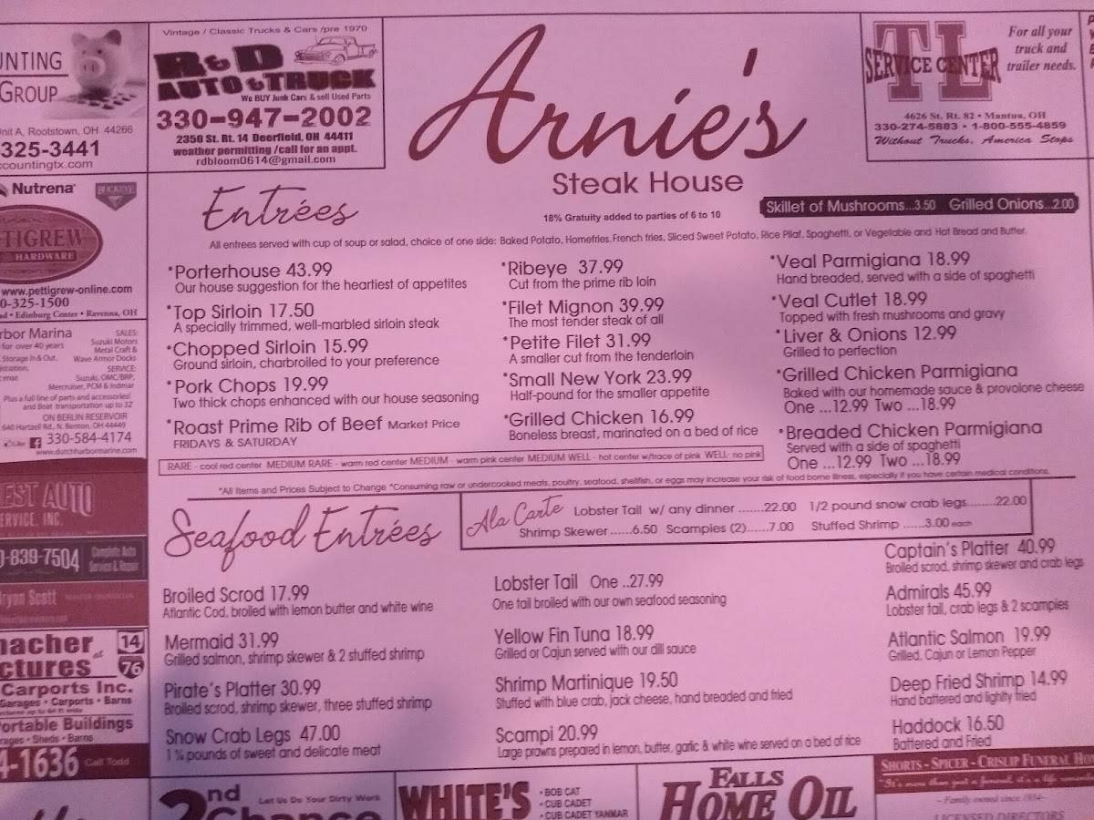 Menu at Arnie's West Branch Steak House steakhouse, Ravenna