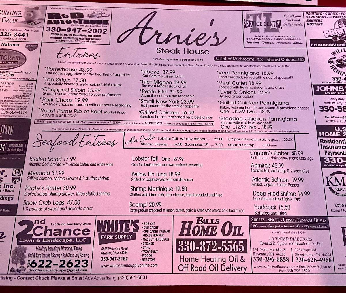 Menu at Arnie's West Branch Steak House steakhouse, Ravenna