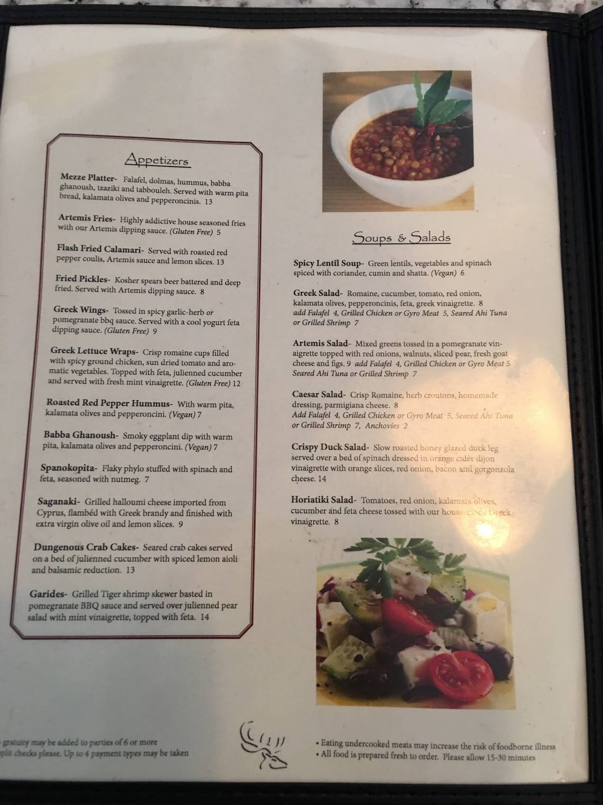 Menu at Artemis Lakefront Café restaurant, South Lake Tahoe