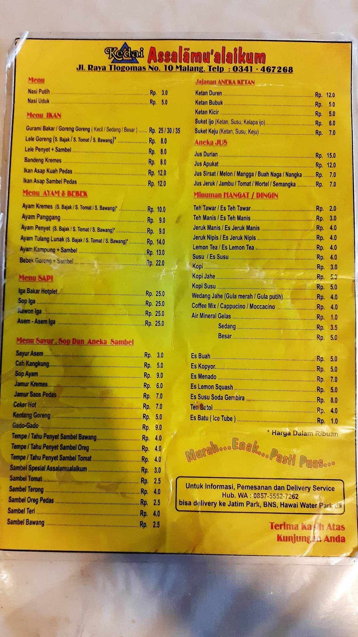 Carta del restaurante Assalamu'alaikum Eatery, Malang, Jl. Raya ...