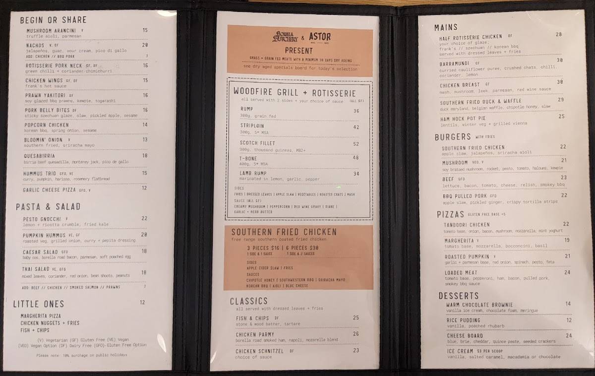Menu at Astor Hotel Albury pub & bar, Albury