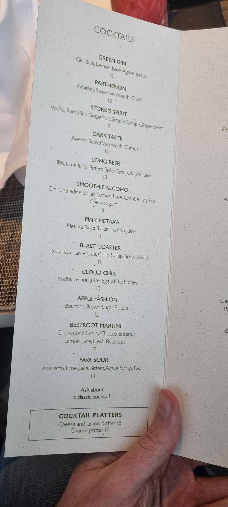 Menu at stork rooftop bar restaurant, Athens