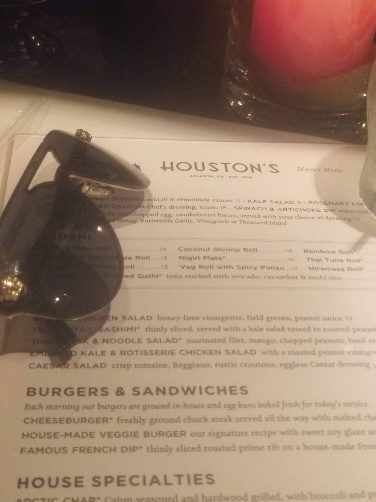 Menu at Houston's steakhouse, Atlanta, Peachtree Rd