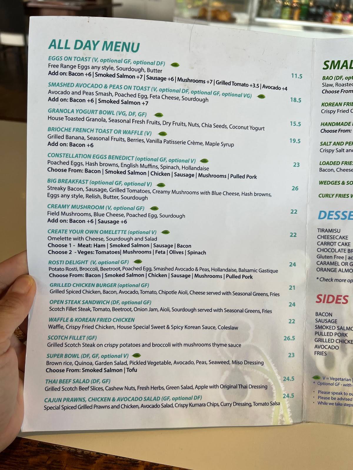 Menu at Constellation Cafe, Auckland