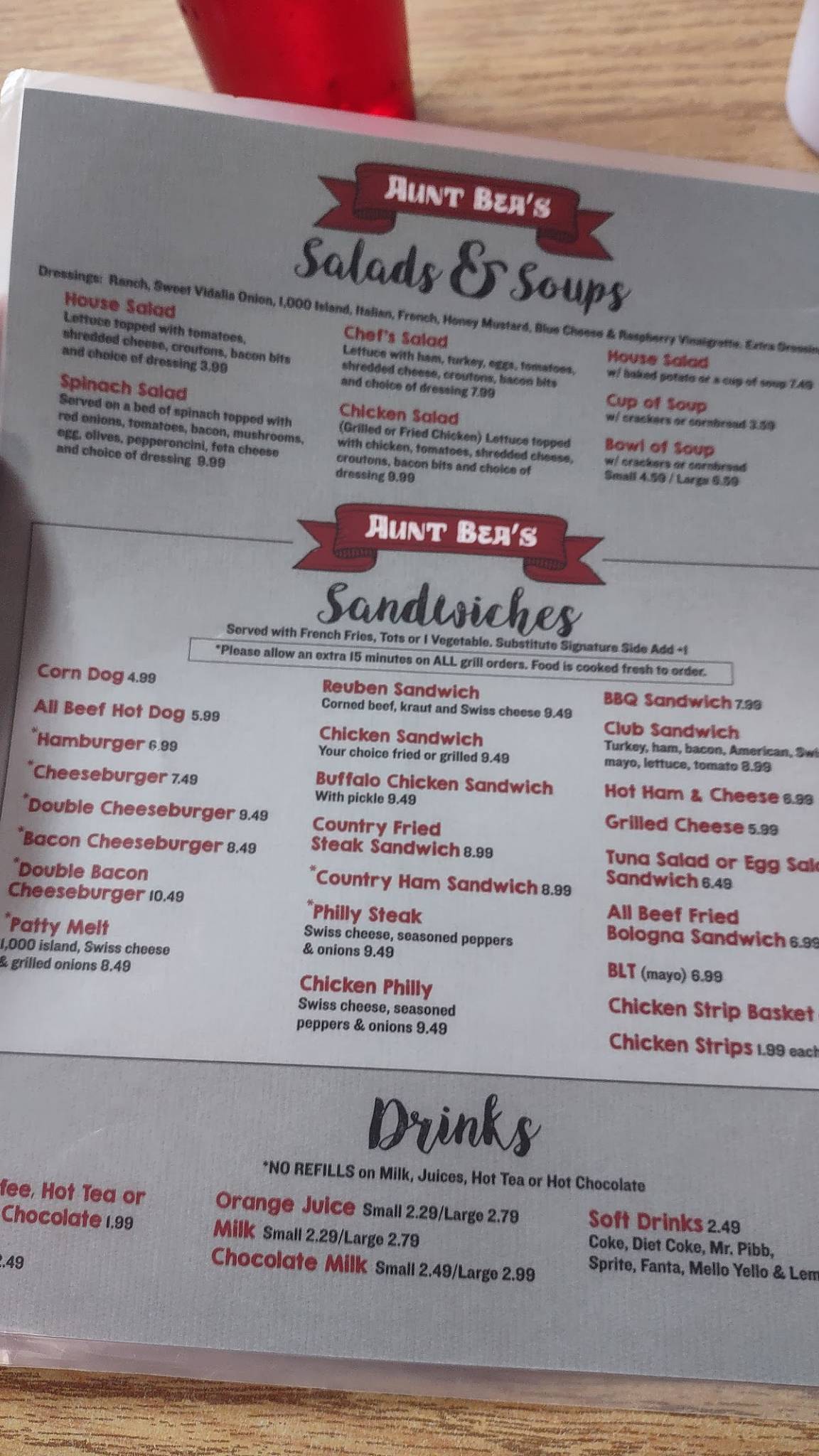 Menu at Aunt Bea's Home Cooking restaurant, Greeneville