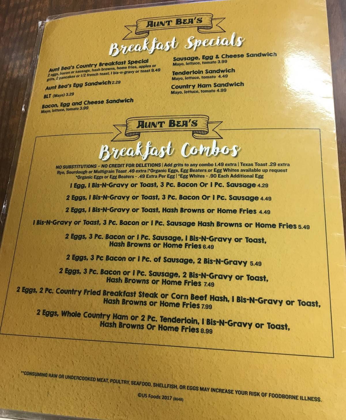 Menu at Aunt Bea's Home Cooking restaurant, Greeneville