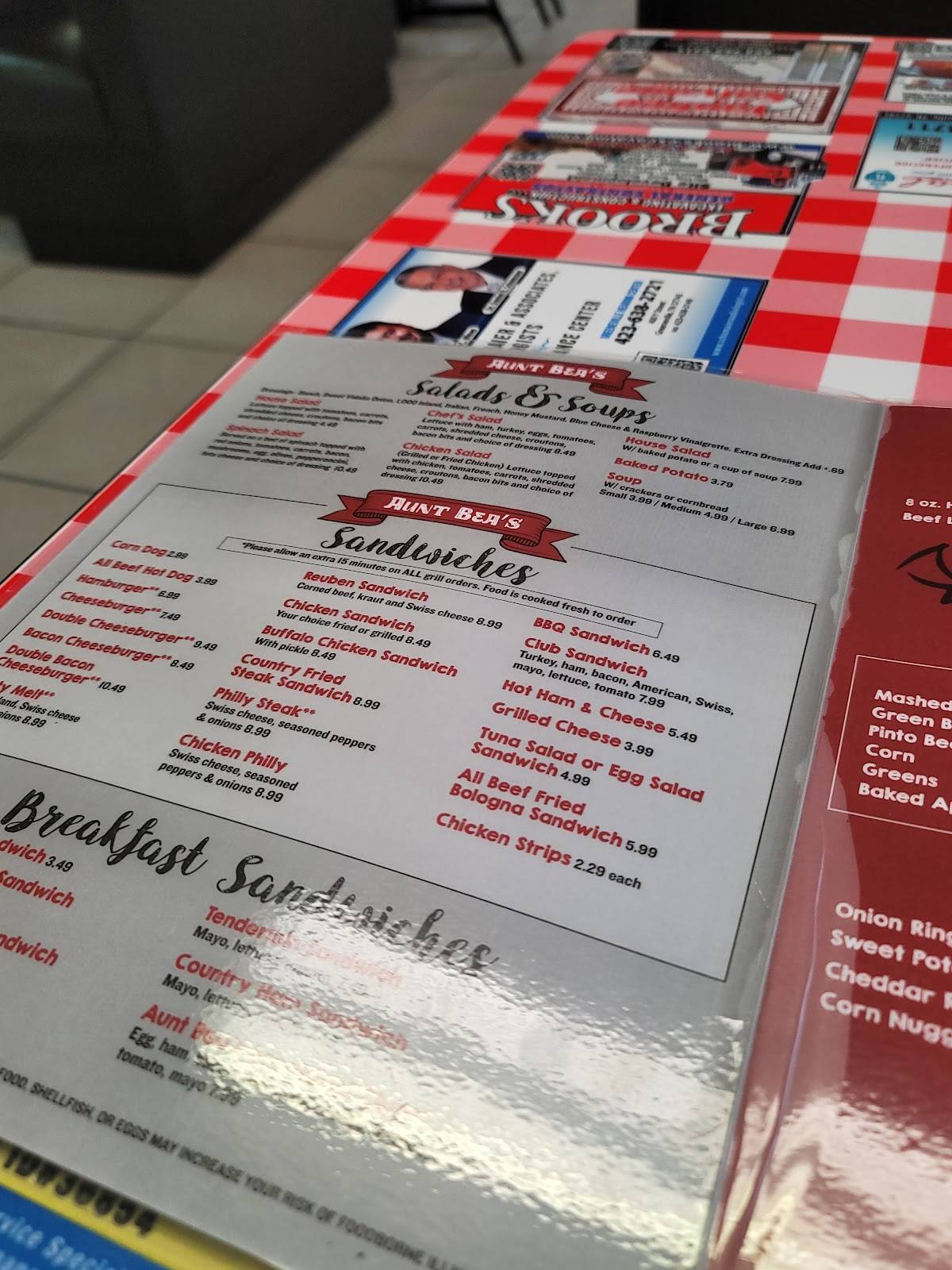 Menu at Aunt Bea's Home Cooking restaurant, Greeneville