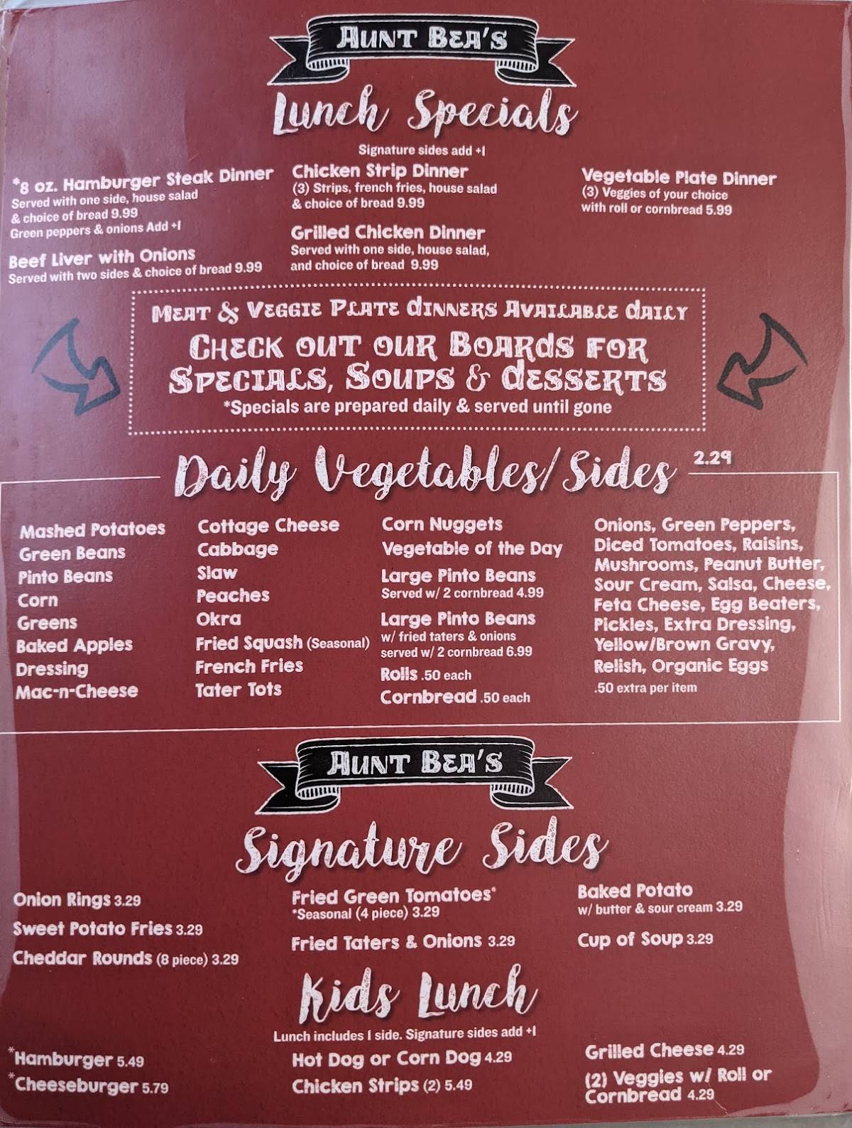 Menu at Aunt Bea's Home Cooking restaurant, Greeneville