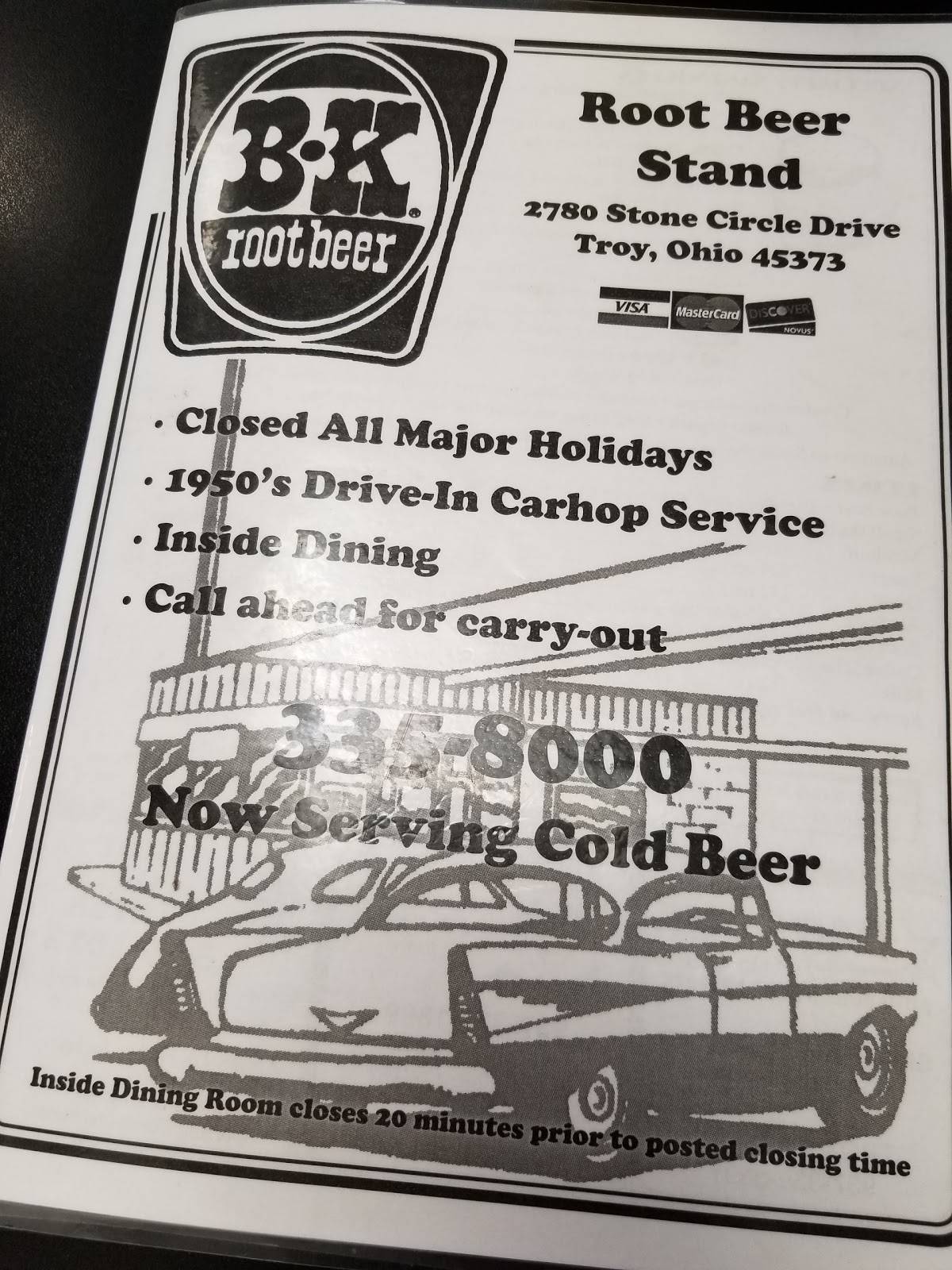 Menu at B-K Root Beer fast food, Troy, Stone Cir Dr