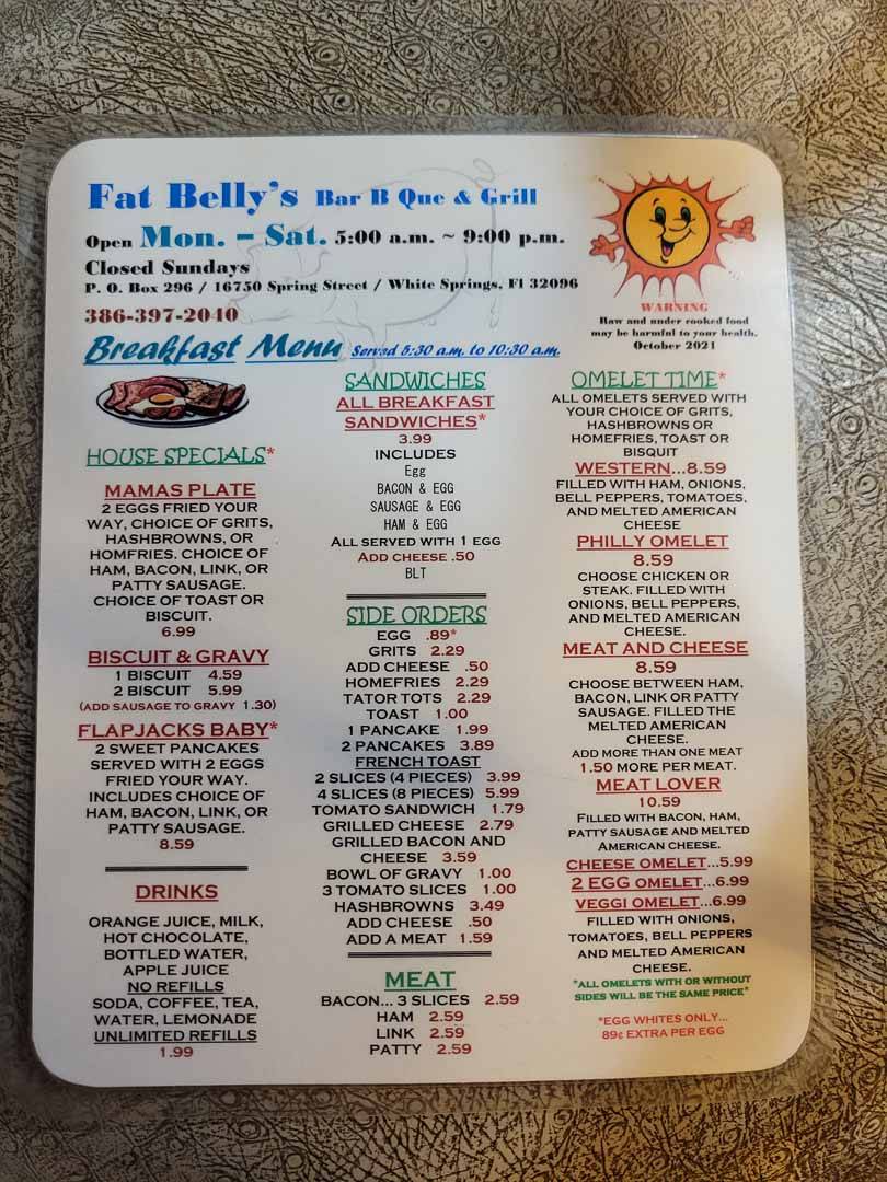 Menu at Fat Belly's BBQ, White Springs