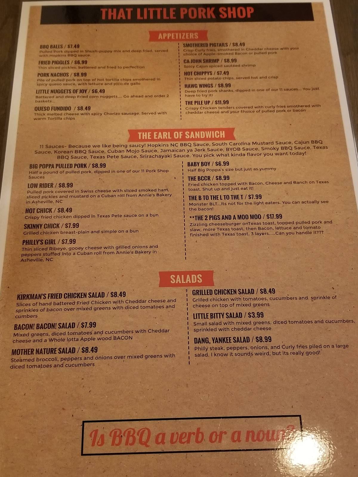 Menu at That Little Pork Shop BBQ, Eden
