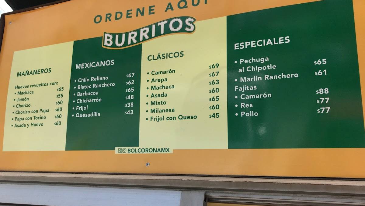 Menu at BOL CORONA restaurant, Tijuana, Boulevard de Las Americas Oriente