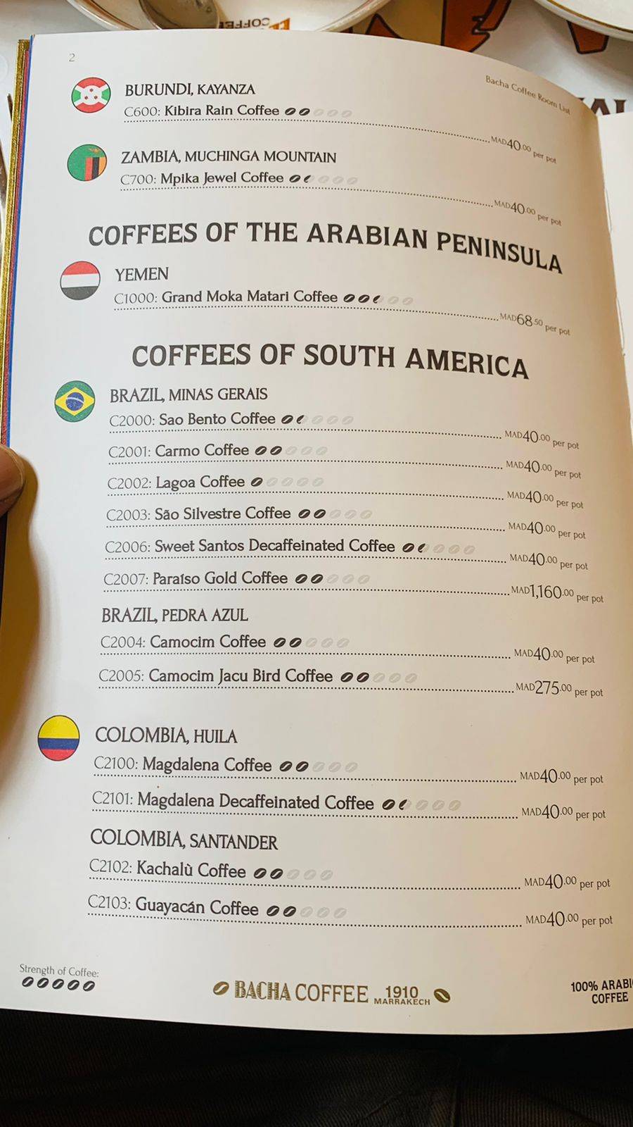Menu at Bacha Coffee cafe, Marrakesh