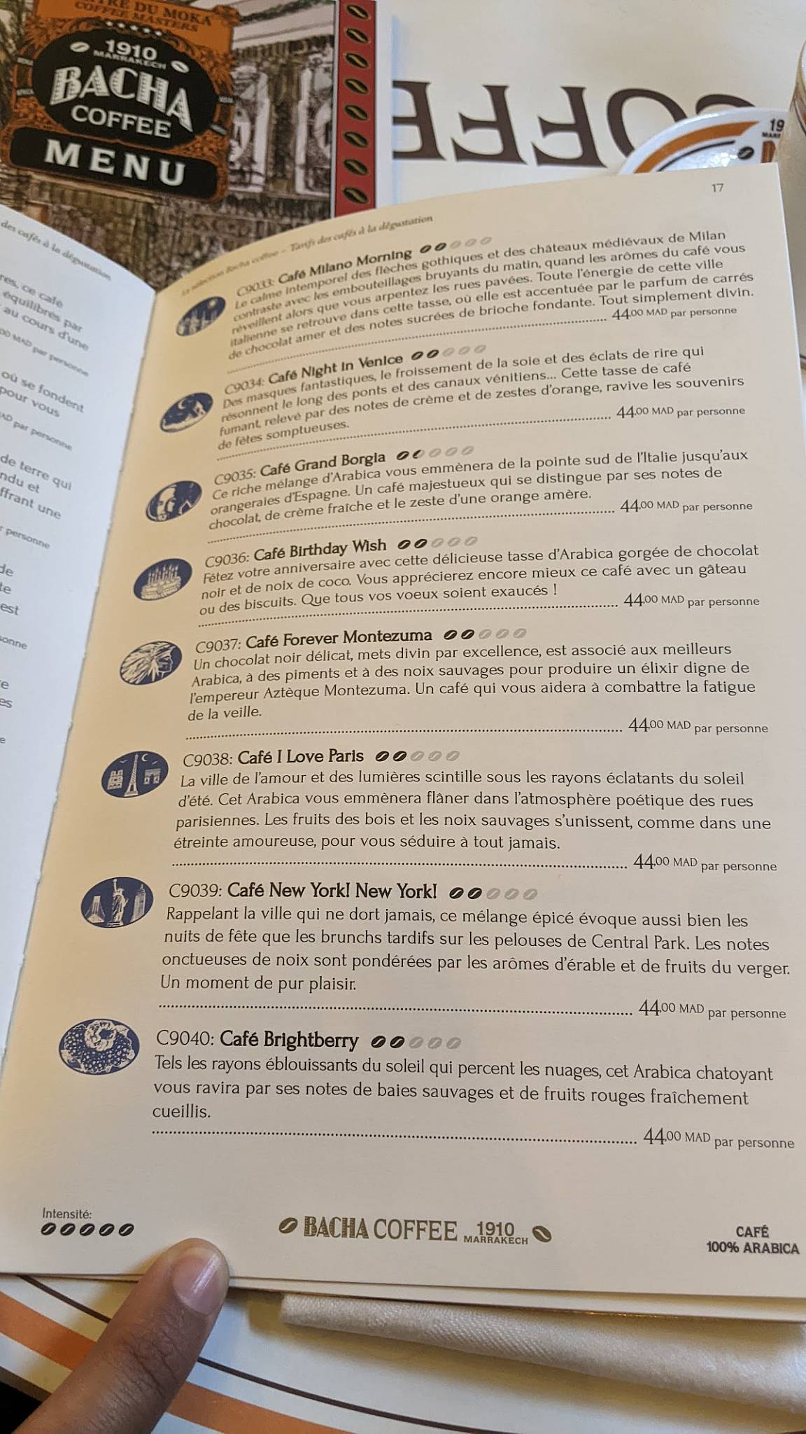 Menu au Bacha Coffee café, Marrakech