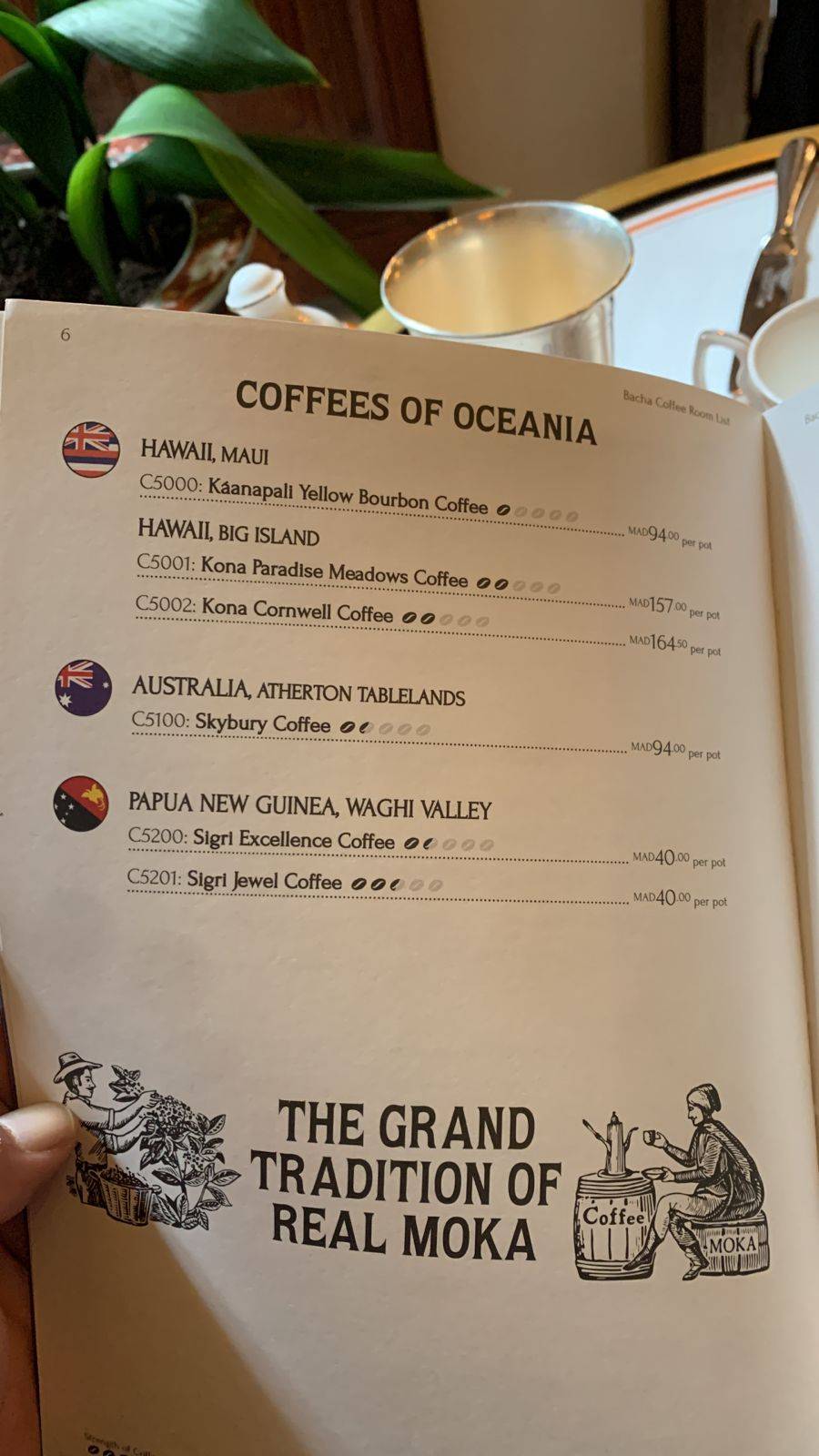 Menu at Bacha Coffee cafe, Marrakesh