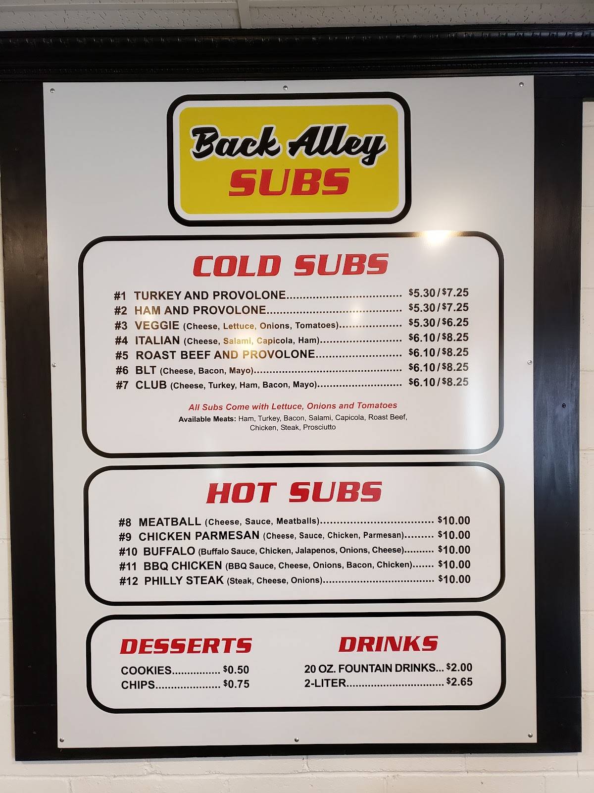 Menu at Back Alley Sub's, Swartz Creek