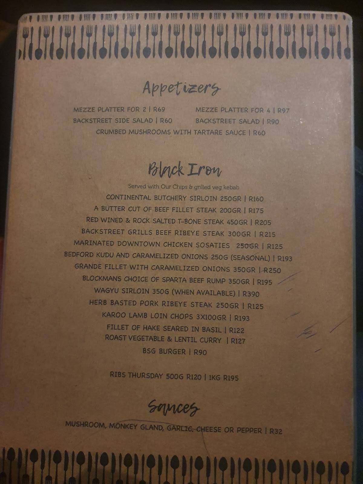Menu at Backstreet Grill steakhouse, Port Elizabeth