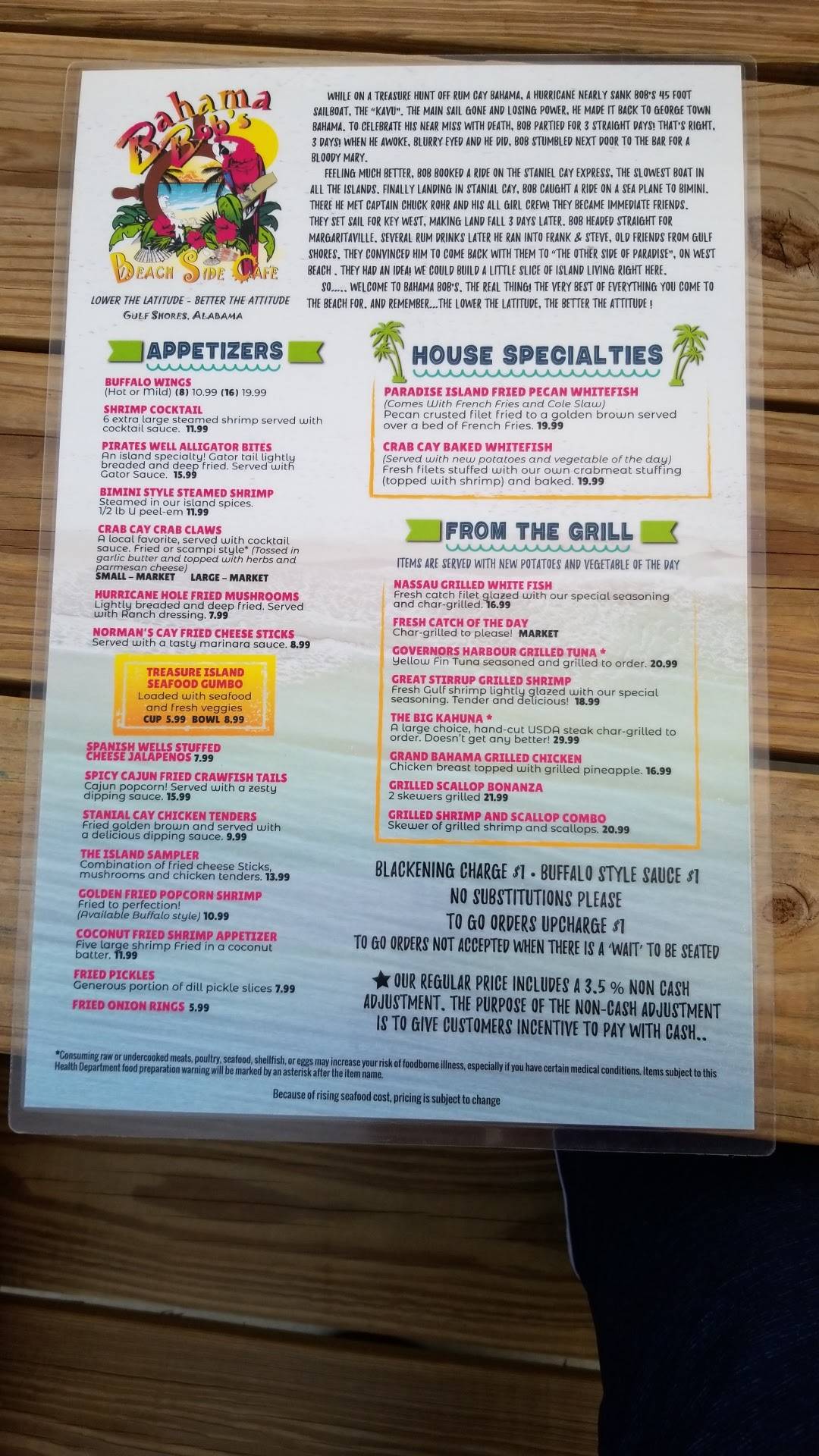 Menu at Bahama Bob's Beach Side Cafe, Gulf Shores