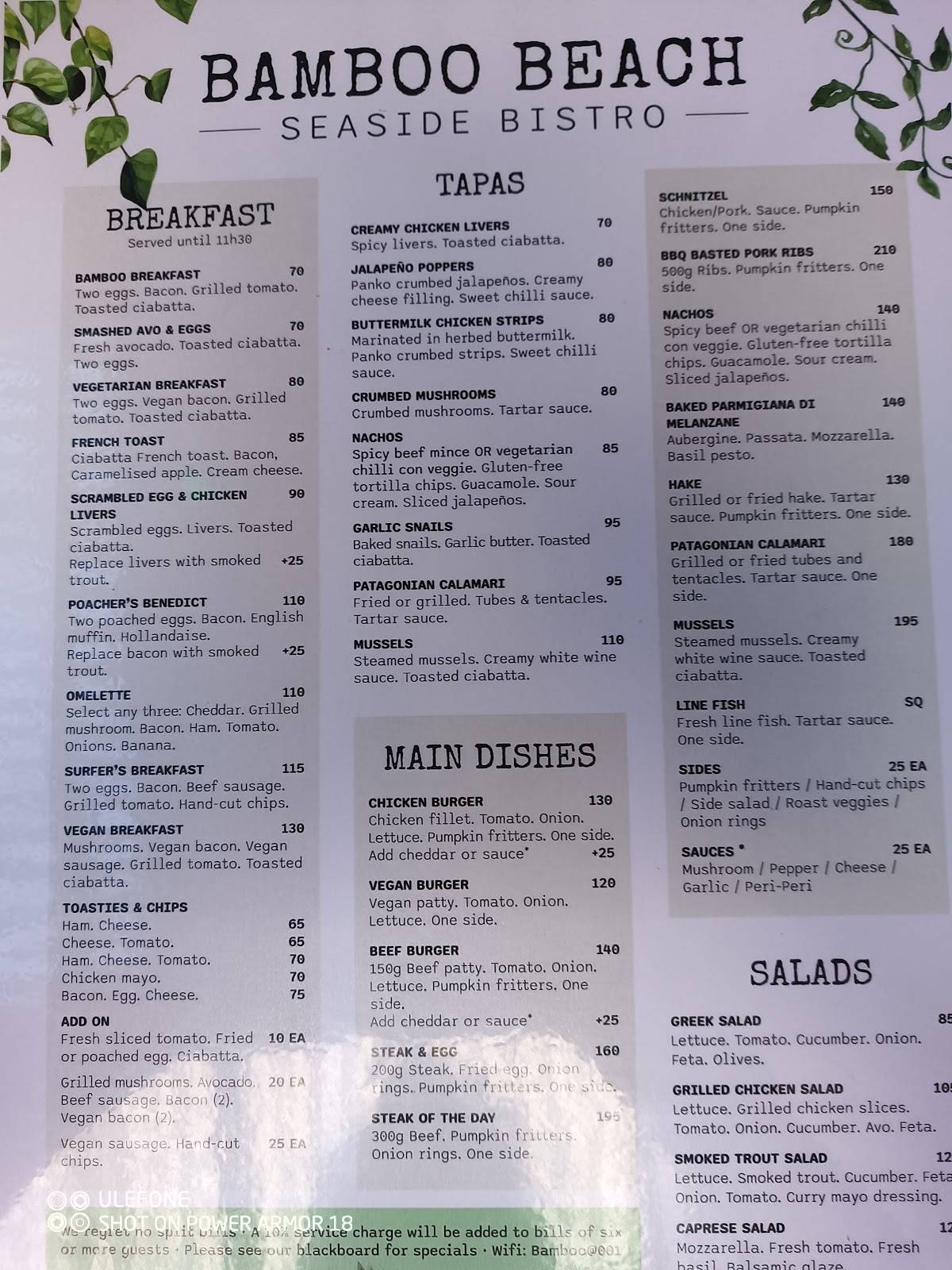 Menu at Bamboo Beach Restaurant, Sandbaai