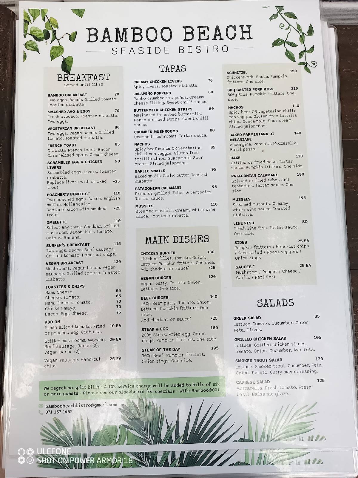 Menu at Bamboo Beach Restaurant, Sandbaai