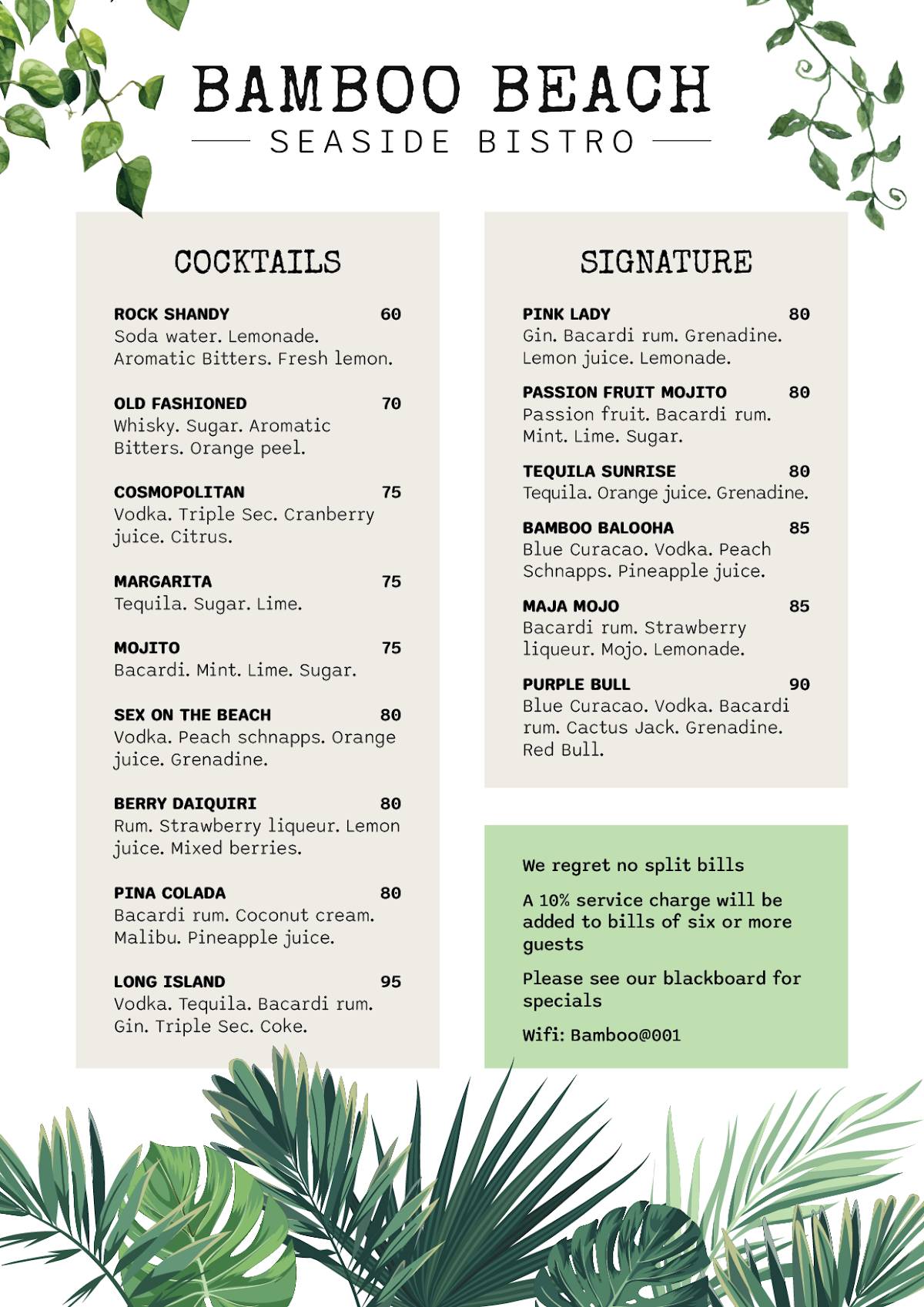Menu at Bamboo Beach Restaurant, Sandbaai