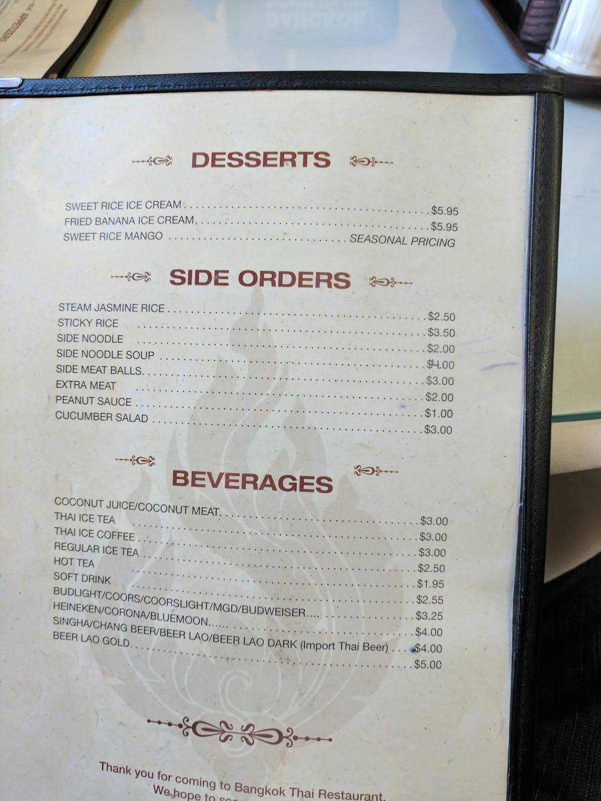 Menu at Bangkok Thai Restaurant, Merced