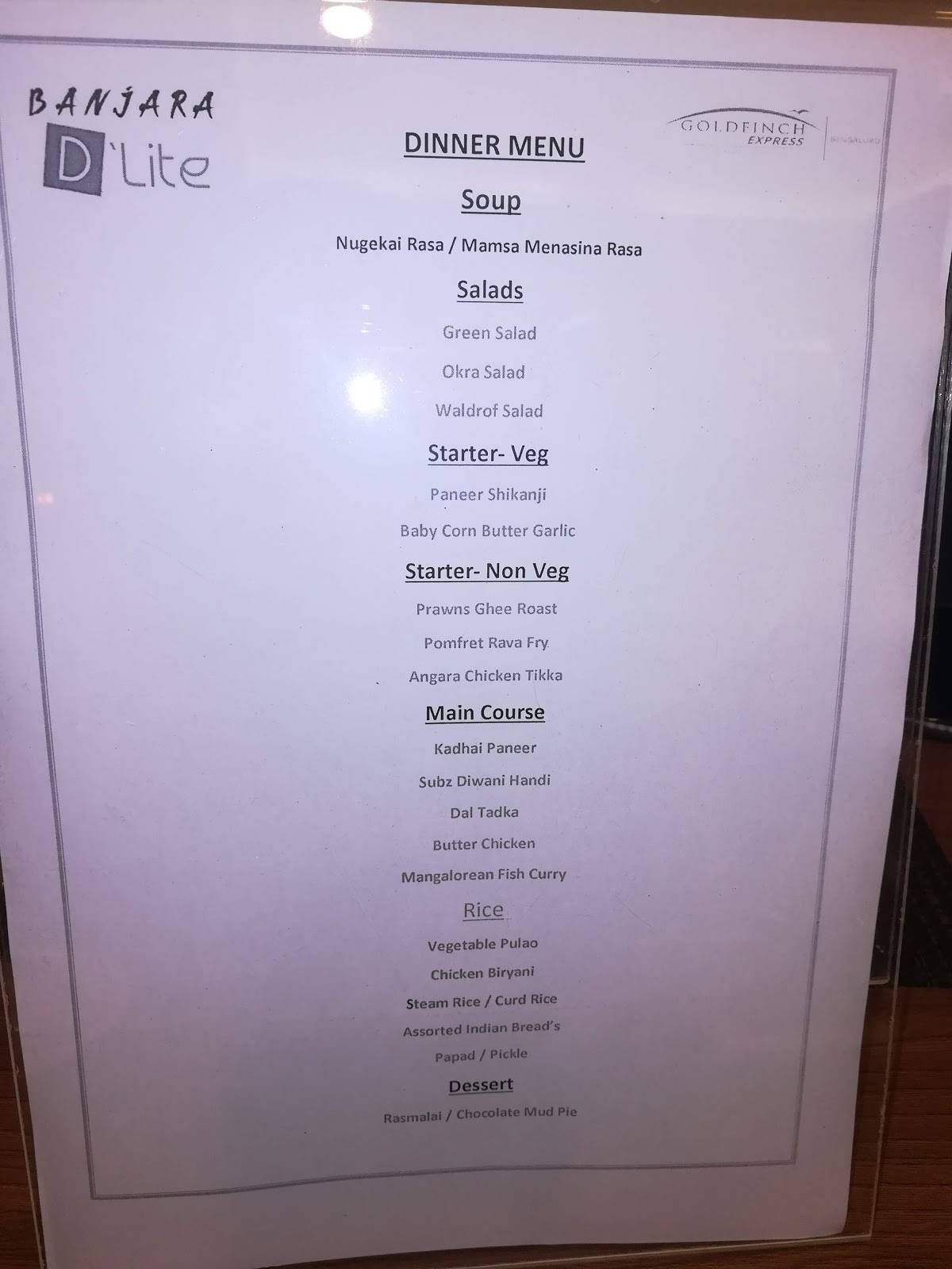 Menu at Banjara D lite, Bengaluru