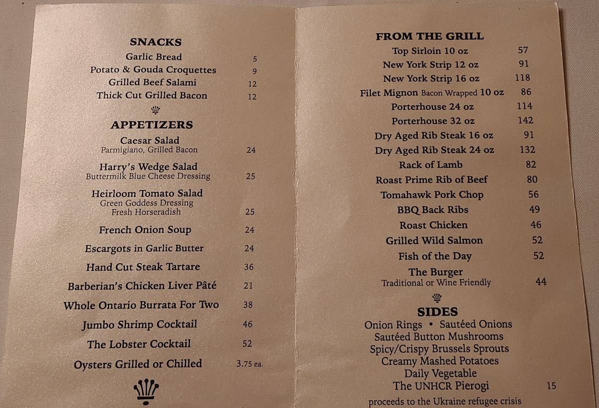 Menu at Barberian's Steak House, Toronto, 7 Elm St
