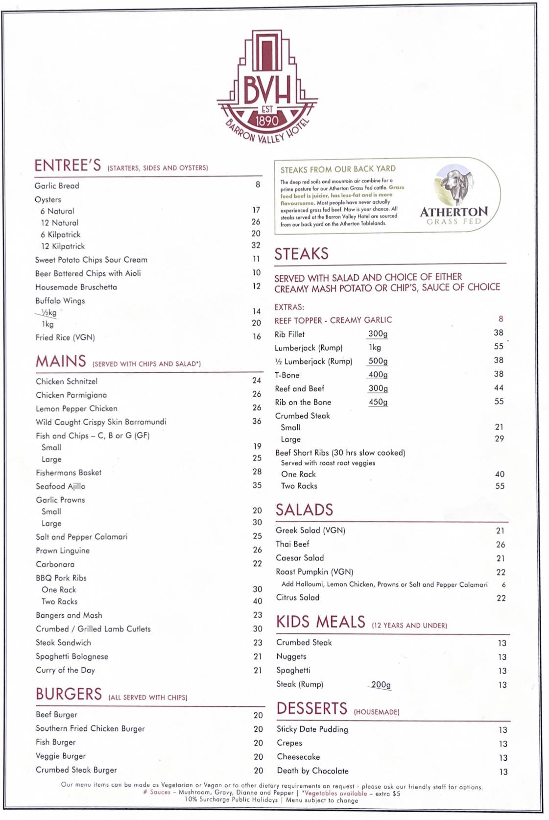 Menu at Barron Valley Hotel, Atherton