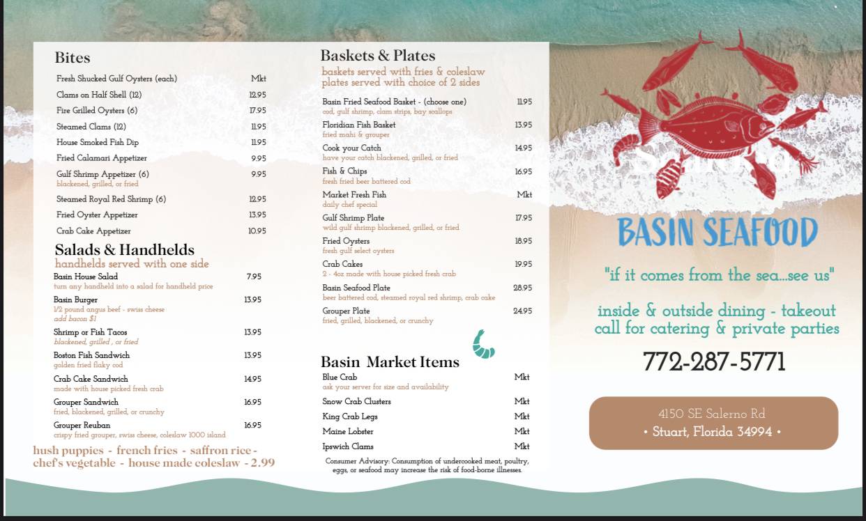 Menu at Basin Seafood Market & Kitchen restaurant, Stuart