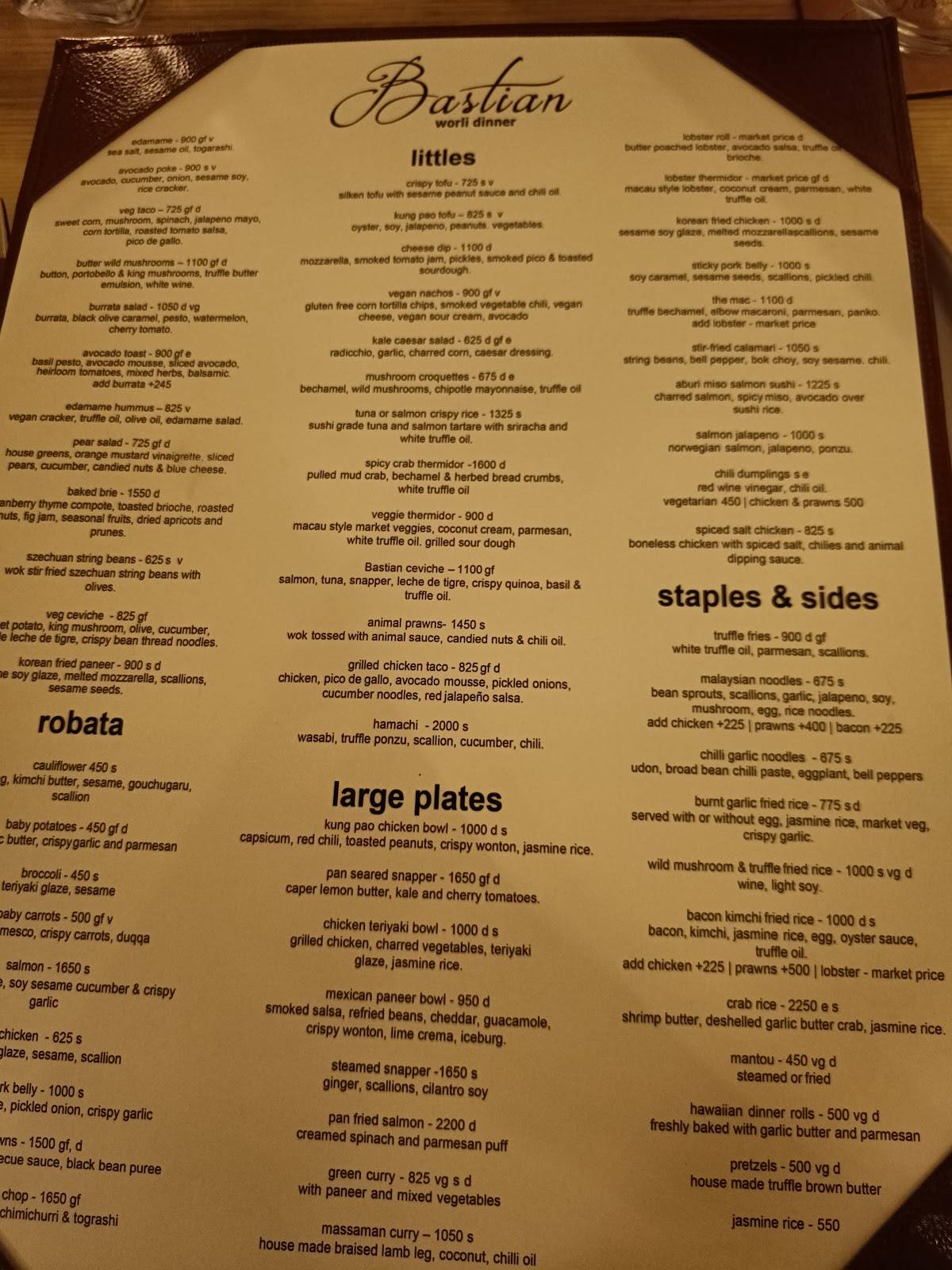 Menu at Bastian, Worli, Mumbai