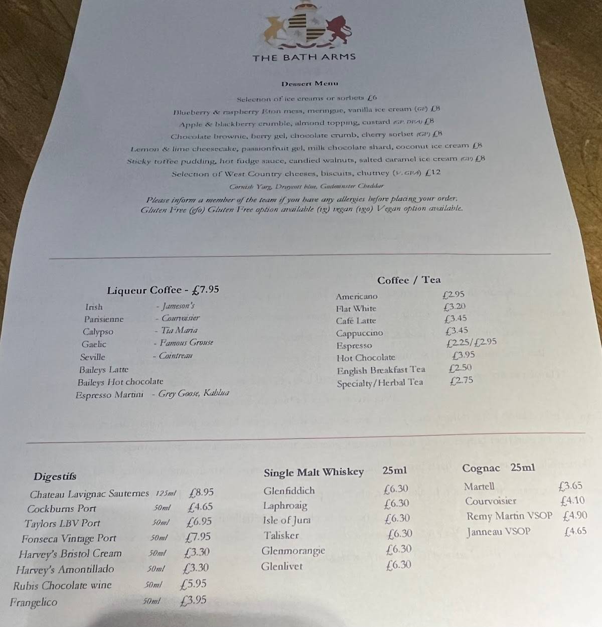Menu at Bath Arms Hotel pub & bar, Cheddar