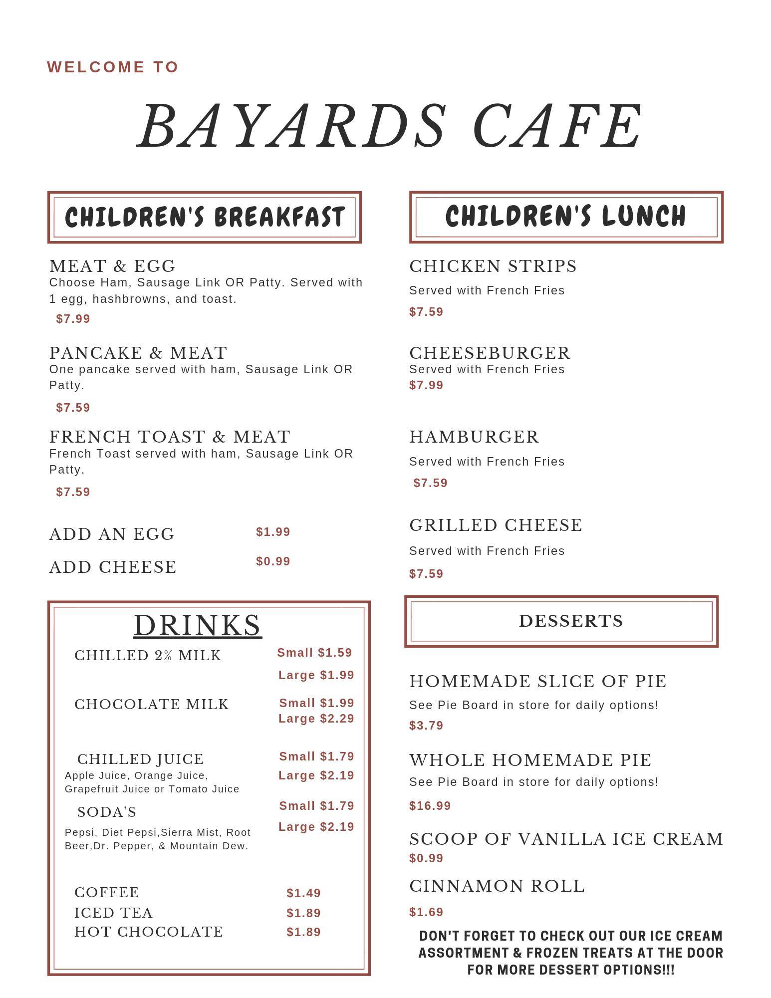Menu at Bayard's Cafe, Salina