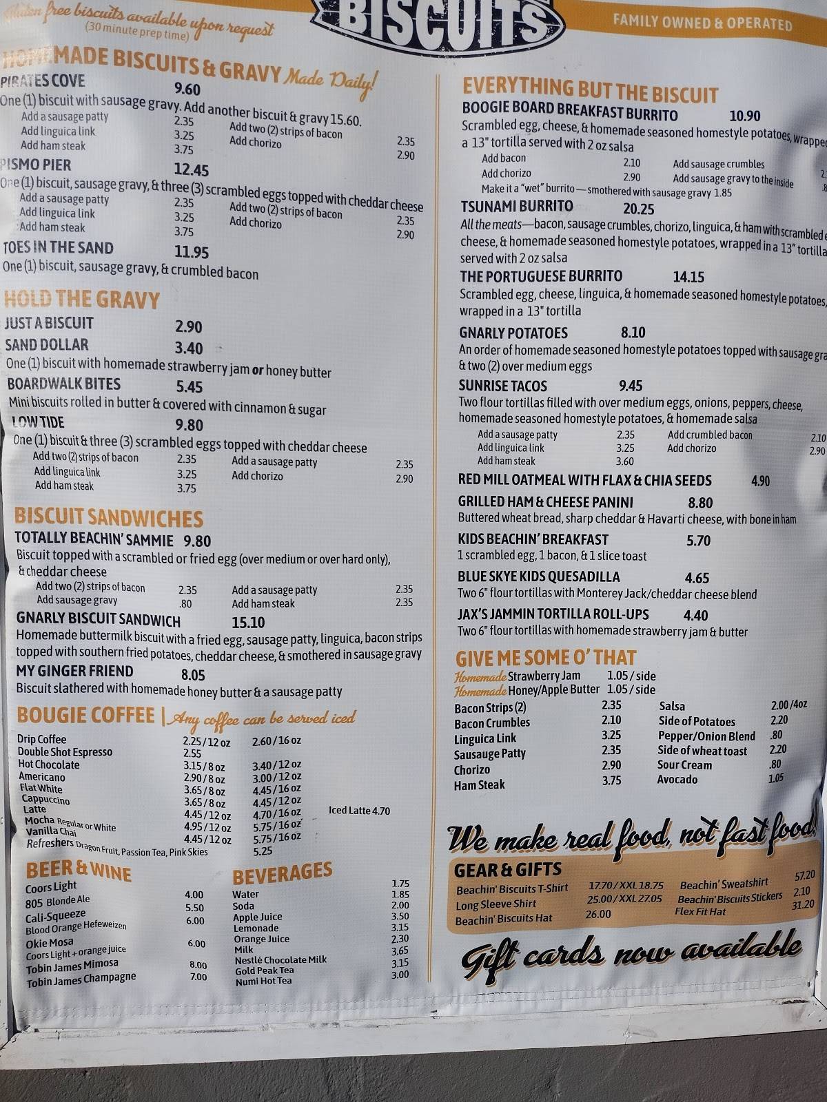 Carta del restaurante Beachin’ Biscuits, Pismo Beach