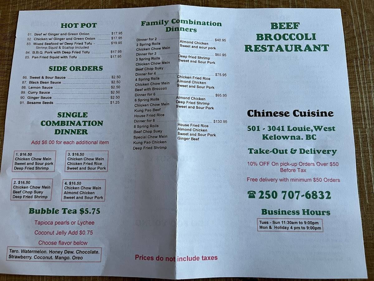 Menu at Beef Broccoli restaurant, West Kelowna
