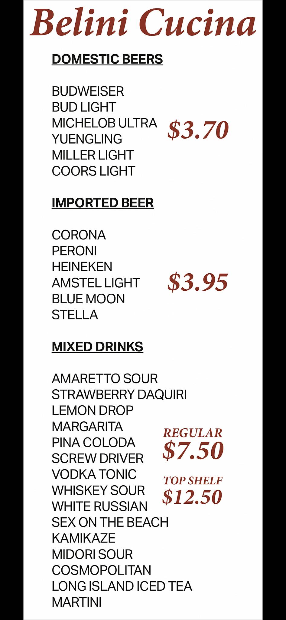 Menu at Melini Cucina Italian Restaurant, Portsmouth, 603 Chillicothe St