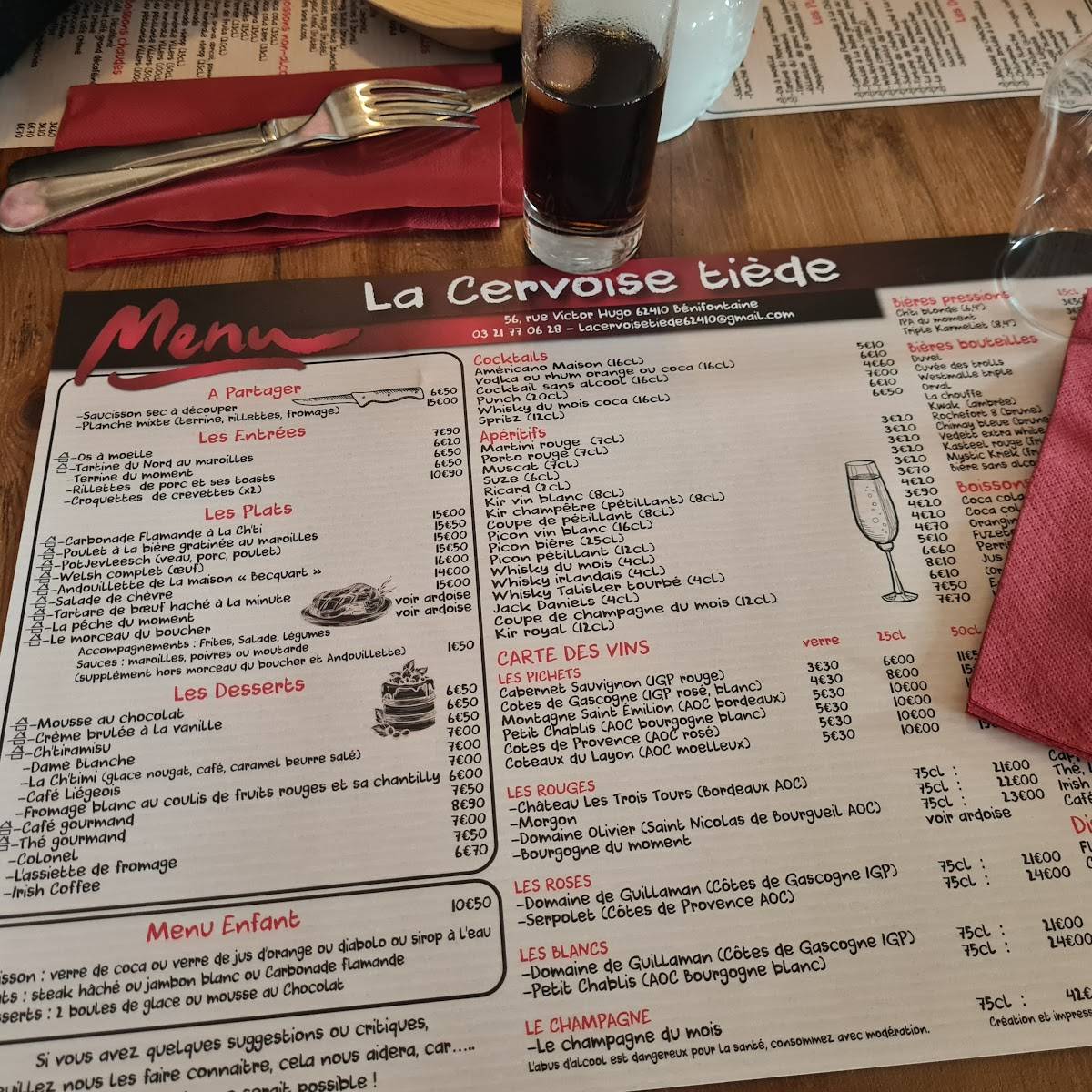 Menu au La Cervoise Tiède restaurant, Bénifontaine