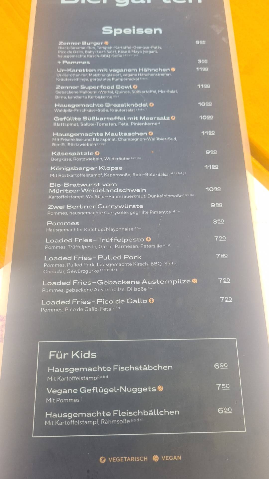 Speisekarte von Zenner Biergarten und Weingarten restaurant, Berlin