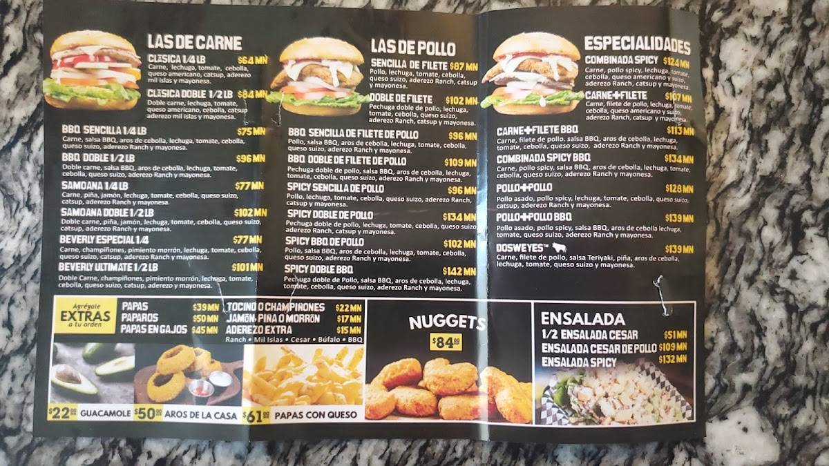 Menu at Beverly Burgers Santa Fe restaurant, Tijuana
