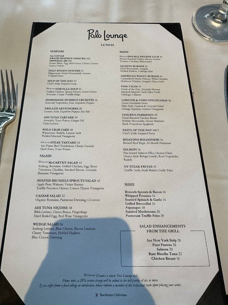 Menu at Polo Lounge restaurant, Beverly Hills